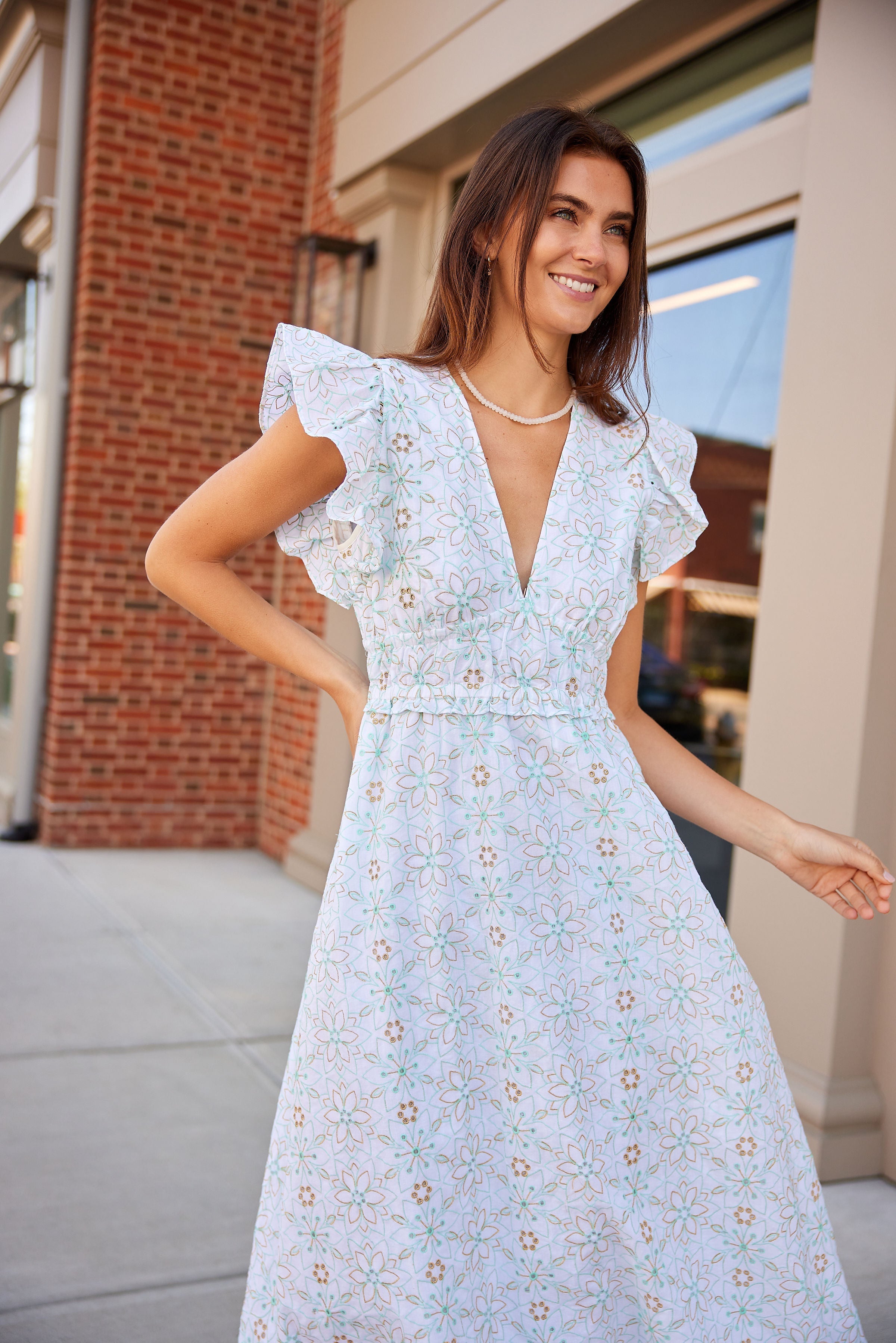 Cabbage & White Eyelet V-Neck Flutter Sleeve Maxi Dress – Sail to Sable